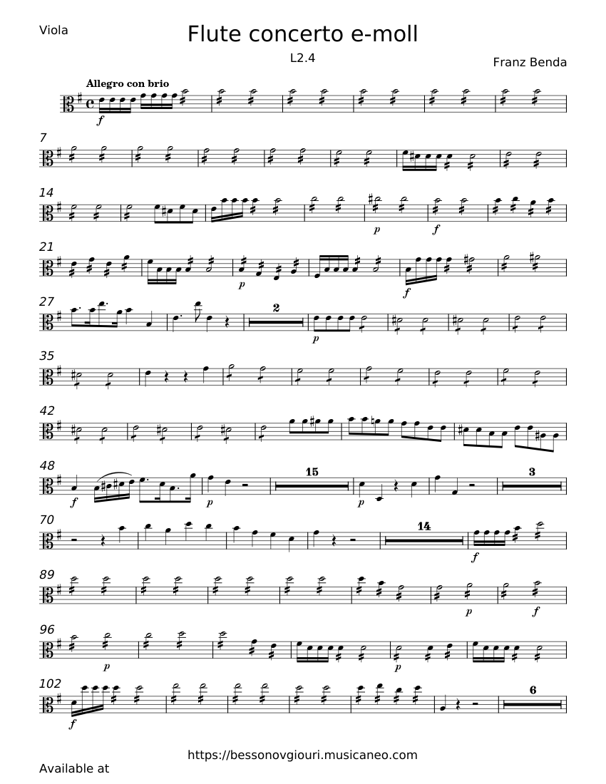 Flute Concerto in E minor, L2.4 - Franz Benda Sheet Music for Viola ...