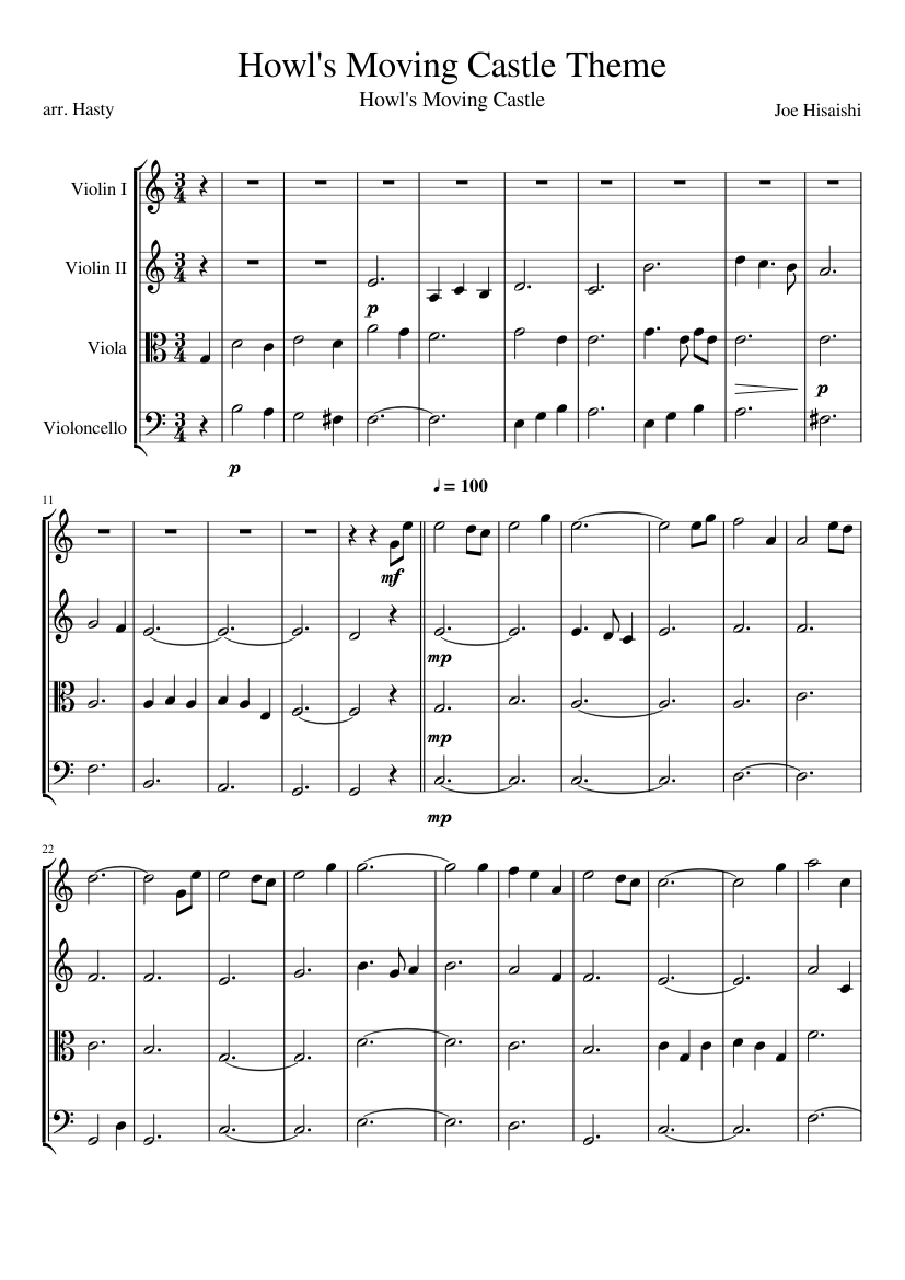 Howl's Moving Castle Theme Sheet Music for Violin, Viola, Cello (String ...
