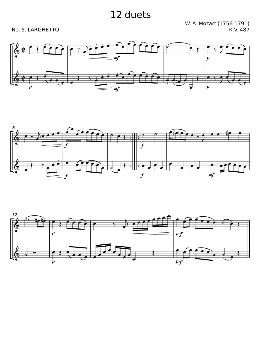 12 Horn Duos, K.487/496a - Wolfgang Amadeus Mozart Sheet music for Piano (Piano Duo) | Musescore.com
