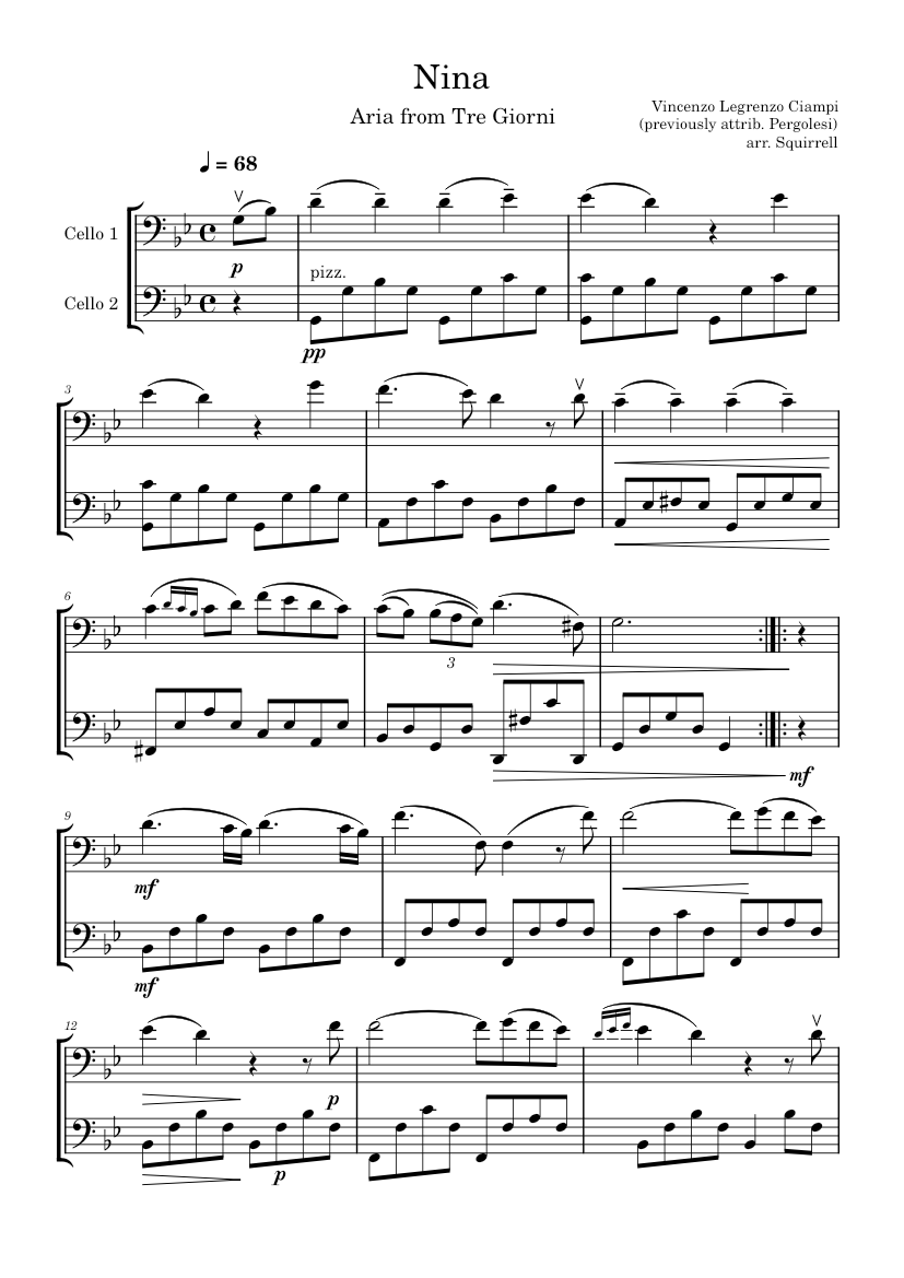 Nina – Giovanni Battista Pergolesi Sheet Music for Cello (String Duet ...