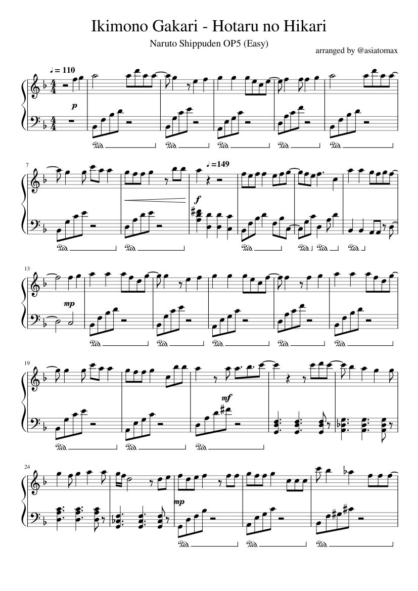 Ikimono Gakari - Hotaru no Hikari (Naruto Shippuden OP5) [Easy] Sheet ...