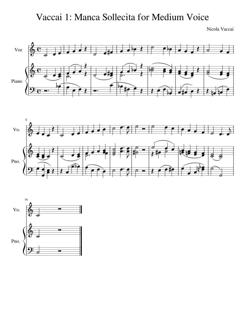 Vaccai 1: "Manca Sollecita" for medium voice Sheet music for Piano ...