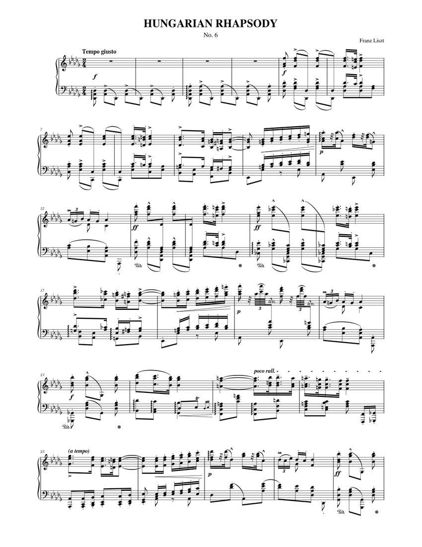 Franz Liszt: Hungarian Rhapsody No. 6 Sheet music for Piano (Solo ...
