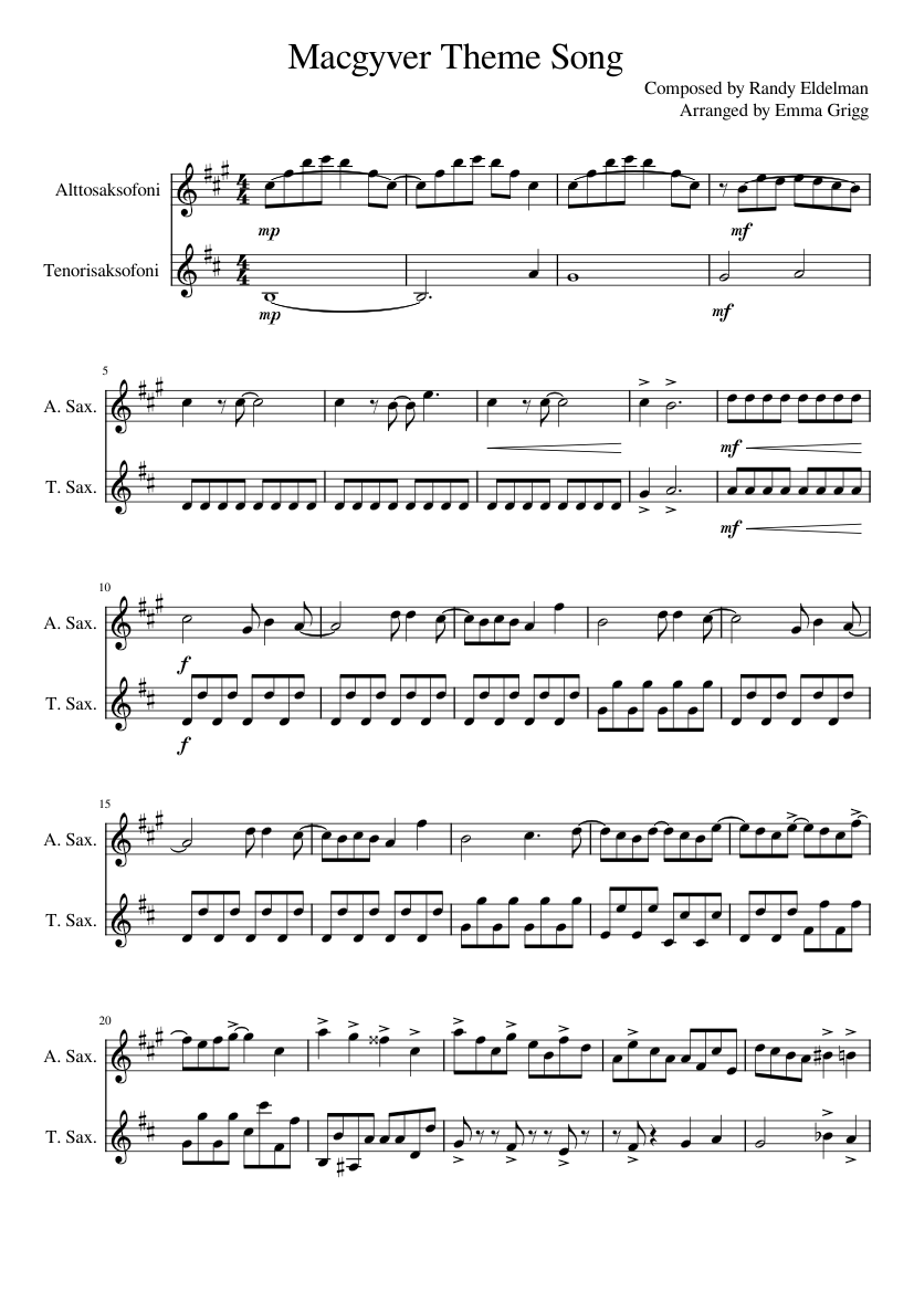 Sax Duo - Macgyver Theme Song Sheet music for Saxophone alto, Saxophone ...