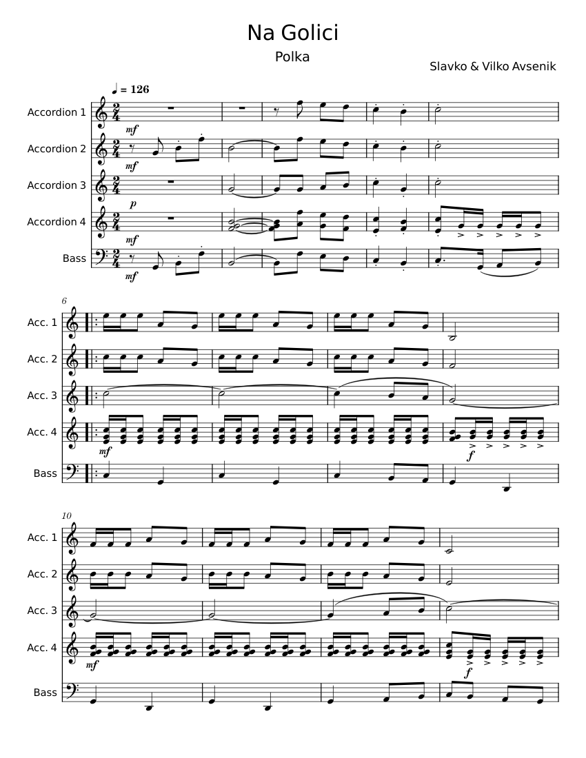 Na Golici – Slavko;Vilko Avsenik Sheet Music for Accordion, Bass guitar ...