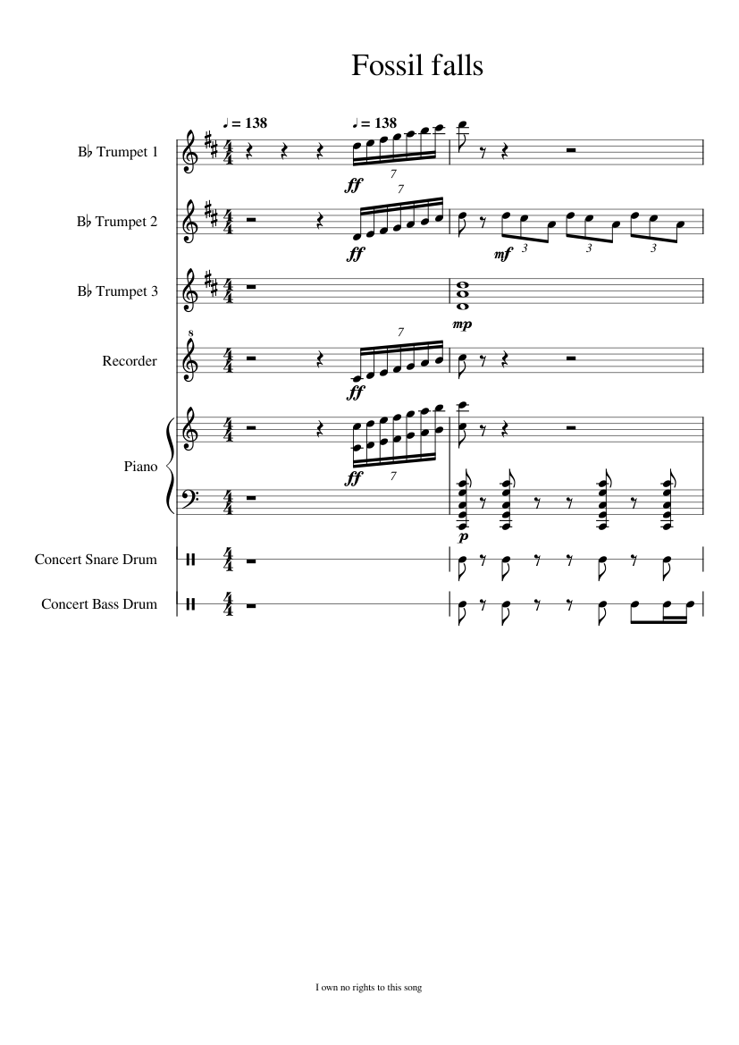 Fossil falls Sheet music for Piano, Trumpet in b-flat, Snare drum, Bass ...
