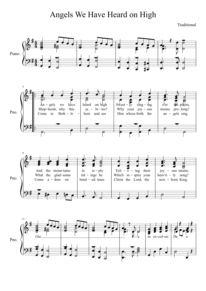 Angels We Have Heard on High Sheet Music for Piano (Solo) Easy ...