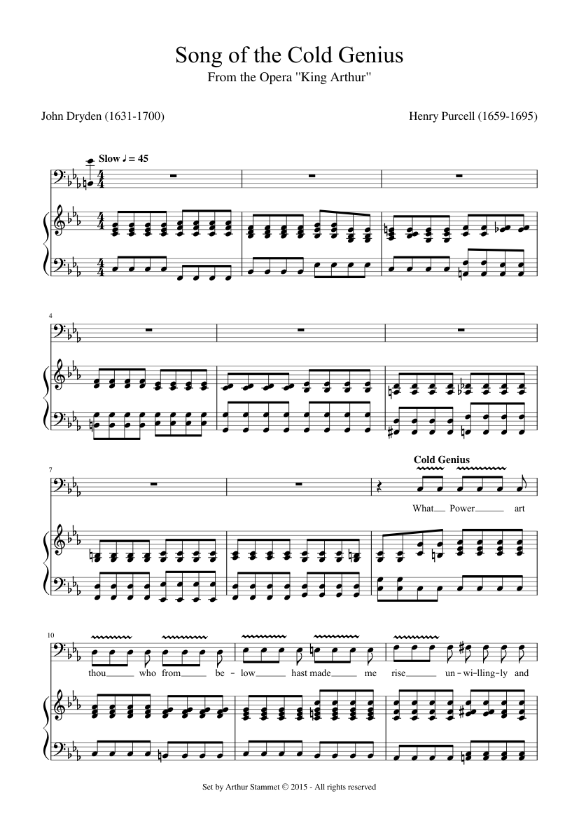 Purcell - King Arthur - Song of the Cold Genius (Baritone) Sheet music ...