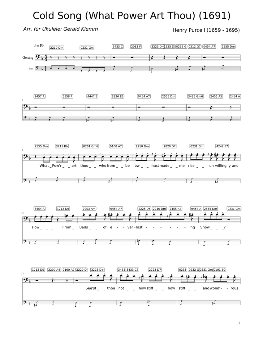 Purcell - Cold Song (Ukulele+Bass) Sheet music for Bass guitar (Solo ...
