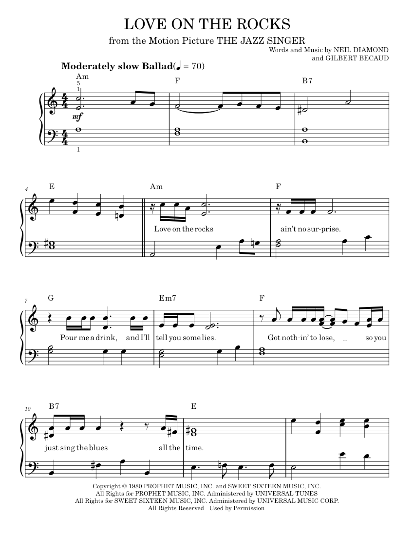 love on the rocks Sheet music for Piano by Neil Diamond Official ...