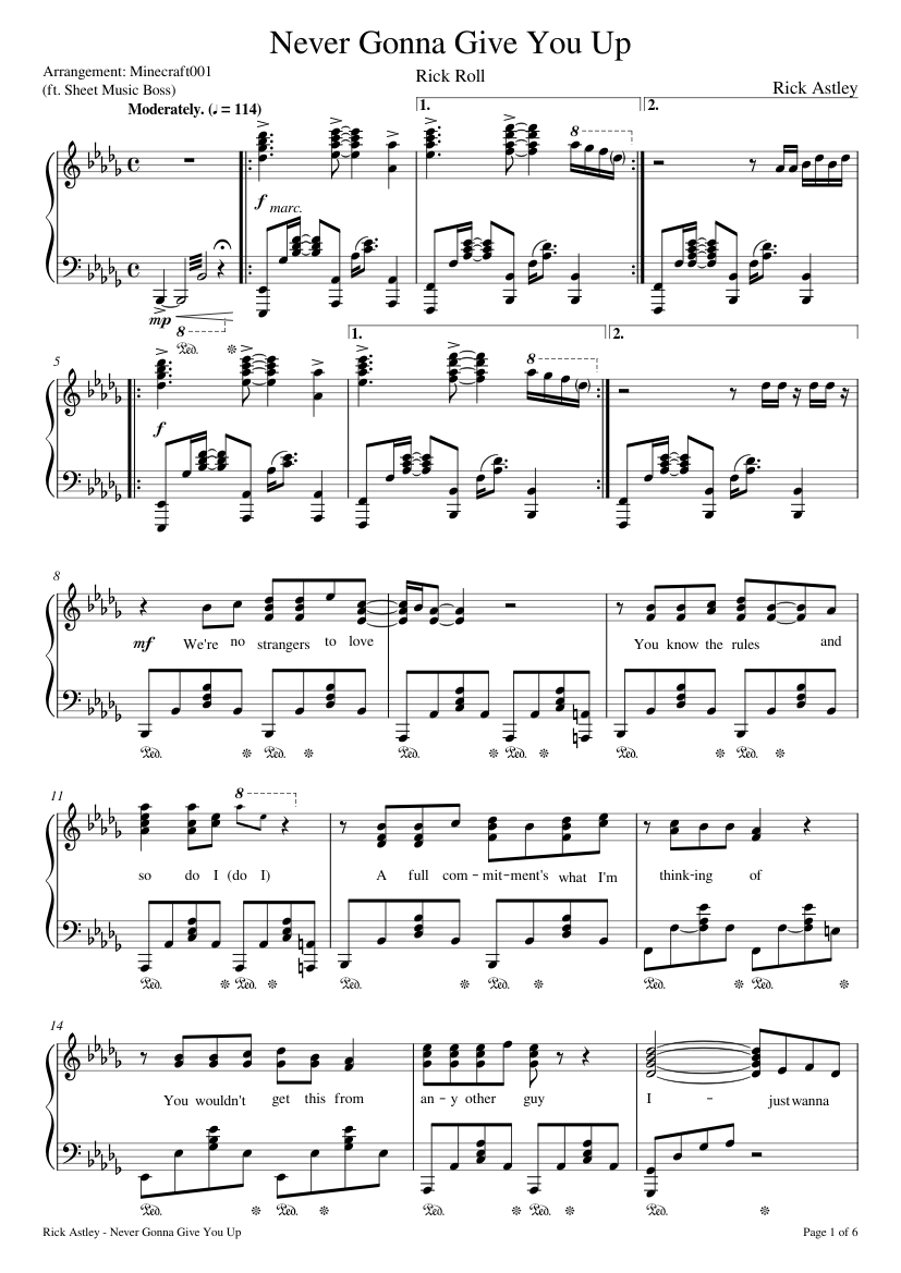 Never gonna give you up - Rick Astley Sheet Music for Piano (Solo ...