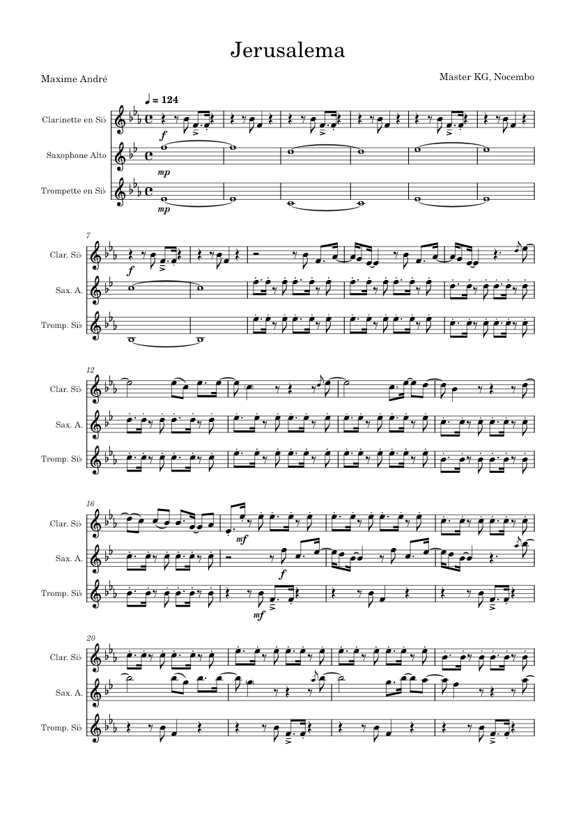 Jerusalema Sheet music for Clarinet in b-flat, Saxophone alto, Trumpet ...