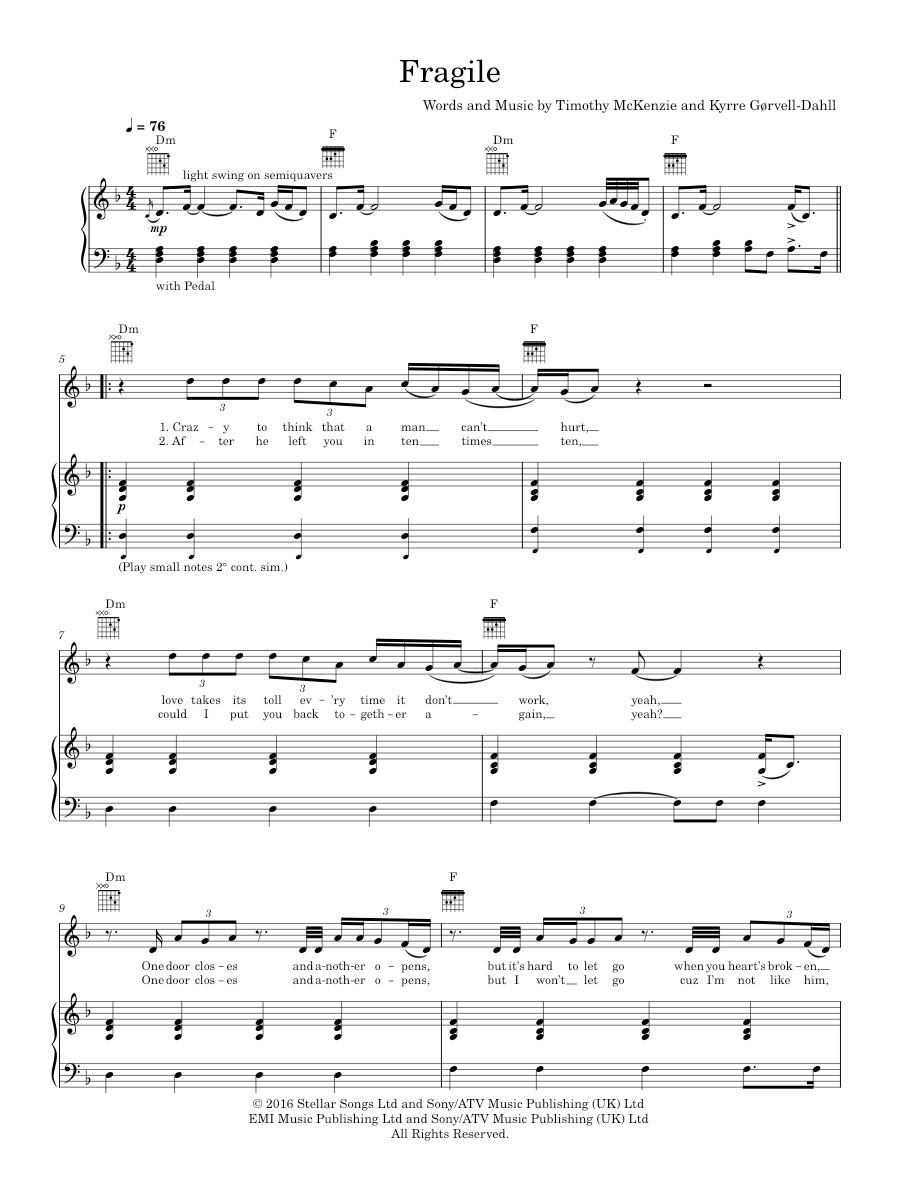 fragile Sheet music for Piano, Vocals by Kygo: Music Notes by MuseScore