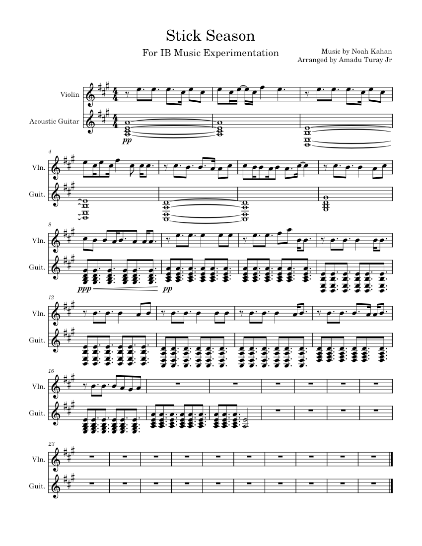Stick Season - Noah Kahan Sheet Music for Violin, Guitar (Mixed Duet ...