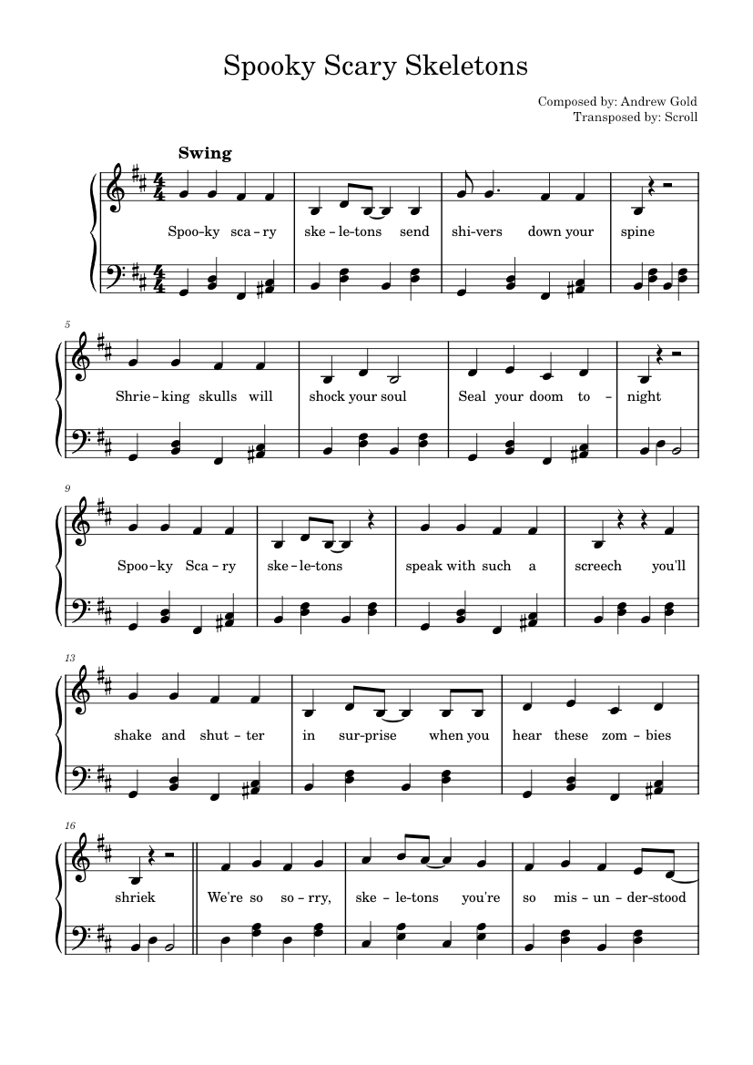 Spooky scary skeletons – Andrew Gold (Easy Piano) Sheet Music for Piano ...