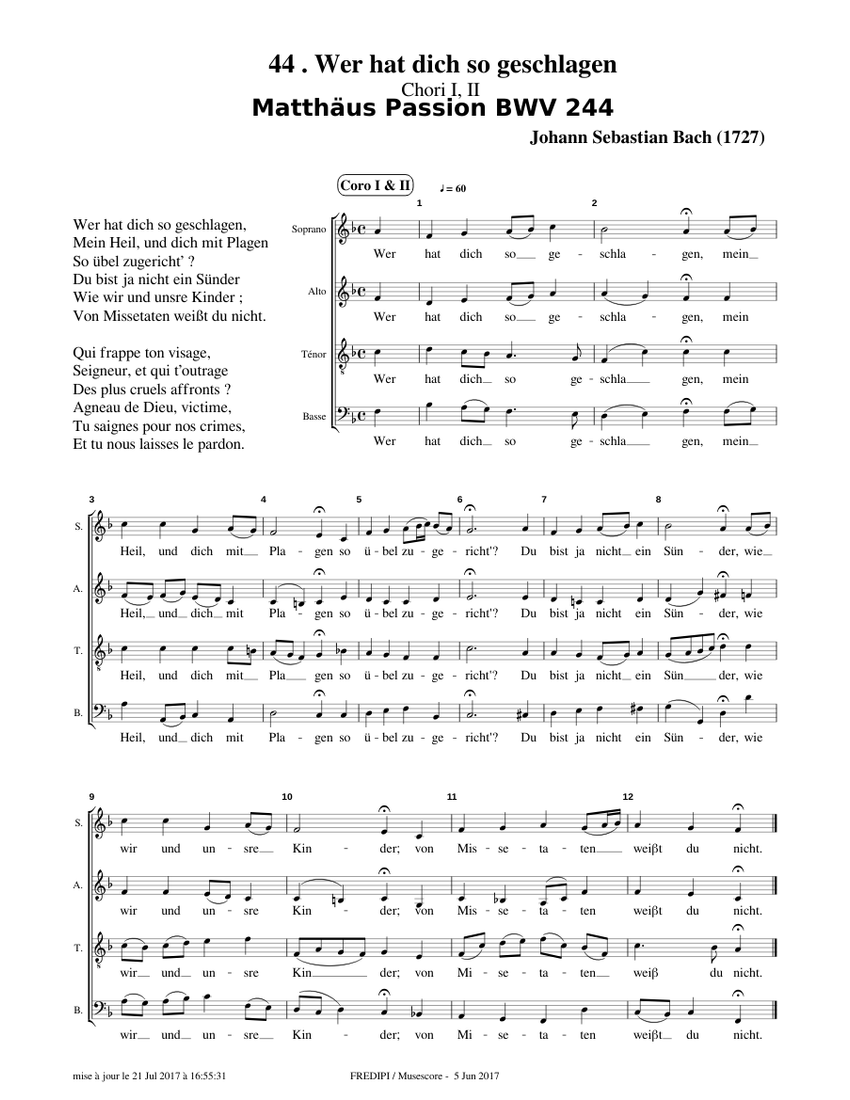 Matthäuspassion, BWV 244b (44 choral - Wer hat dich so geschlagen) - Johann Sebastian Bach Sheet ...