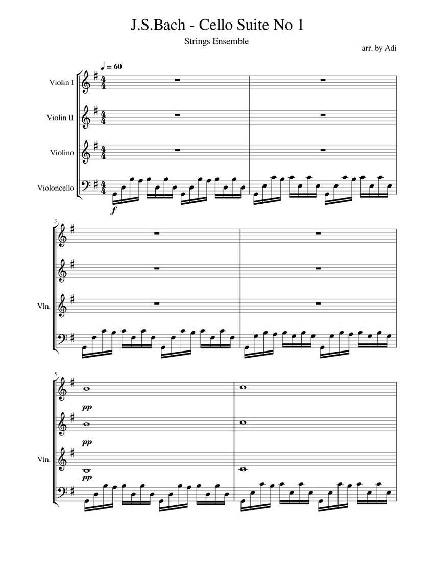 J.S.Bach_-_Cello_Suite_No_1 Sheet music for Violin, Cello (Mixed Quartet) | Musescore.com