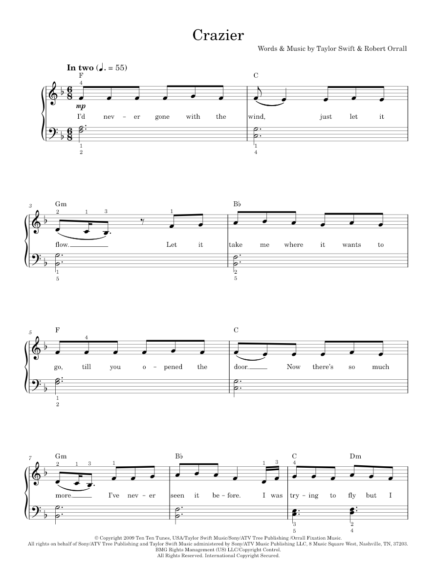 Play Official version of Crazier Sheet Music by Taylor Swift for Piano ...