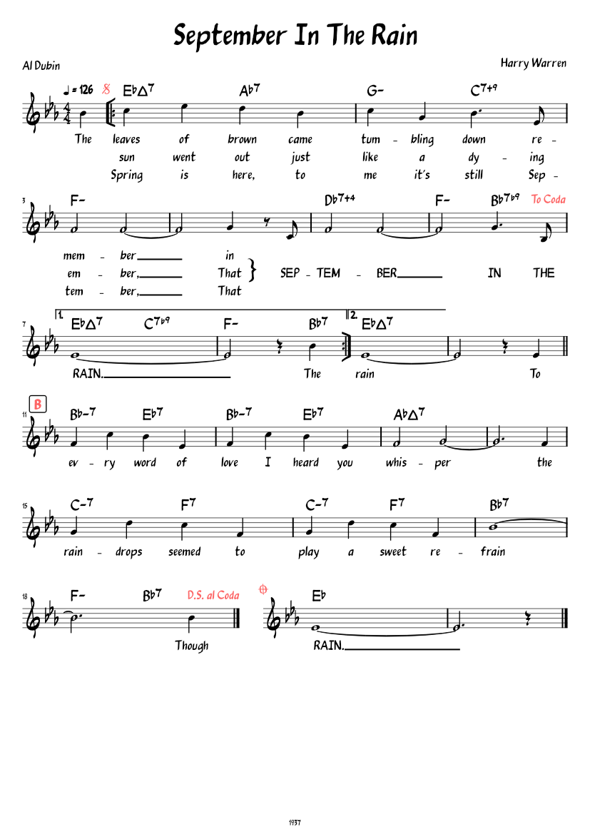 September in the Rain (Lead sheet with lyrics ) Sheet Music with Chords ...