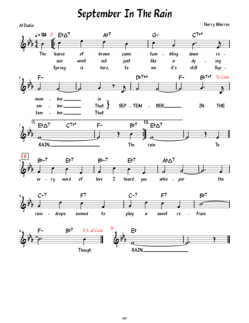 September in the Rain (Lead sheet with lyrics ) Sheet music for Piano ...