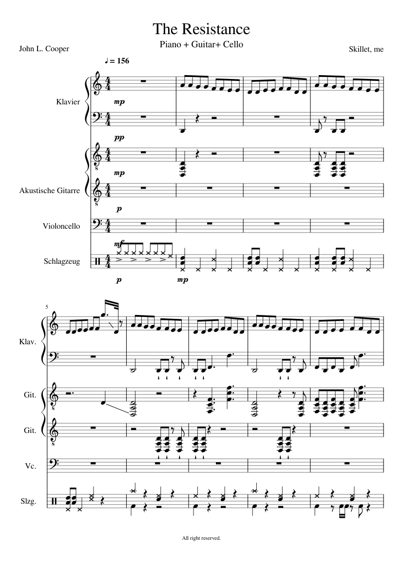 The Resistance Sheet Music for Piano, Cello, Guitar, Drum group (Rock ...