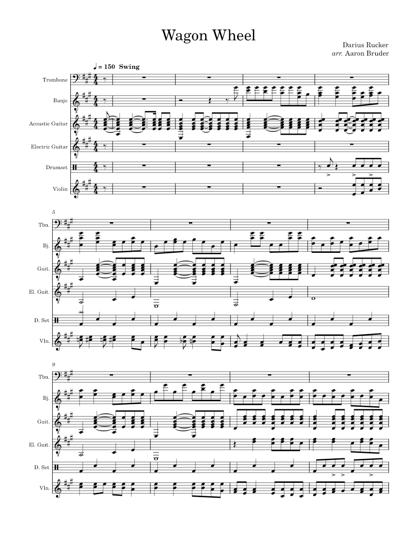 Wagon Wheel Sheet Music for Trombone, Violin, Guitar, Drum group & more ...