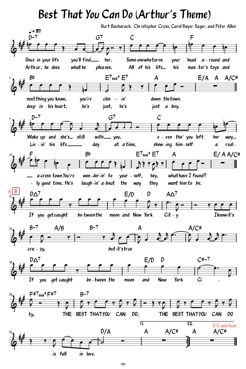 Best That You Can Do (Arthur's Theme) (Lead sheet with lyrics ) Sheet ...