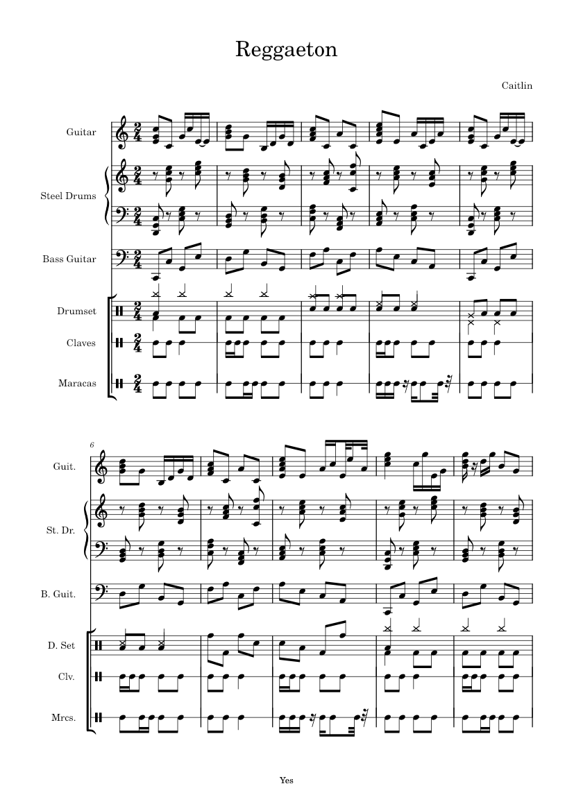 Reggaeton Sheet Music for Guitar, Bass guitar, Drum group, Claves ...