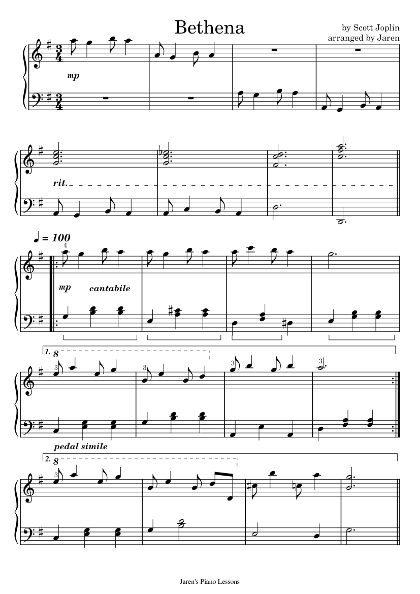 Bethena (easiest piano version) Sheet music for Piano (Solo) Easy ...
