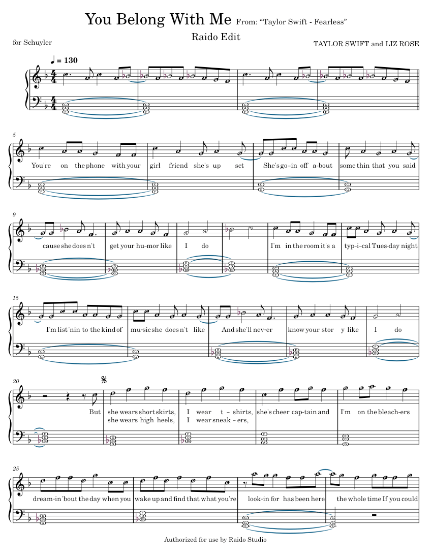 You Belong With Me - Taylor Swift Sheet Music for Piano (Solo) easy ...