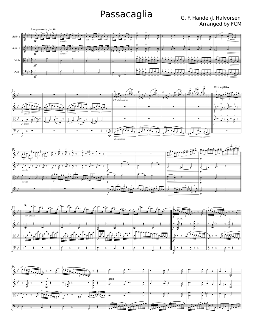 Passacaglia – G. F. Handel;J. Halvorsen Sheet Music for Violin, Viola, Cello (String Quartet ...