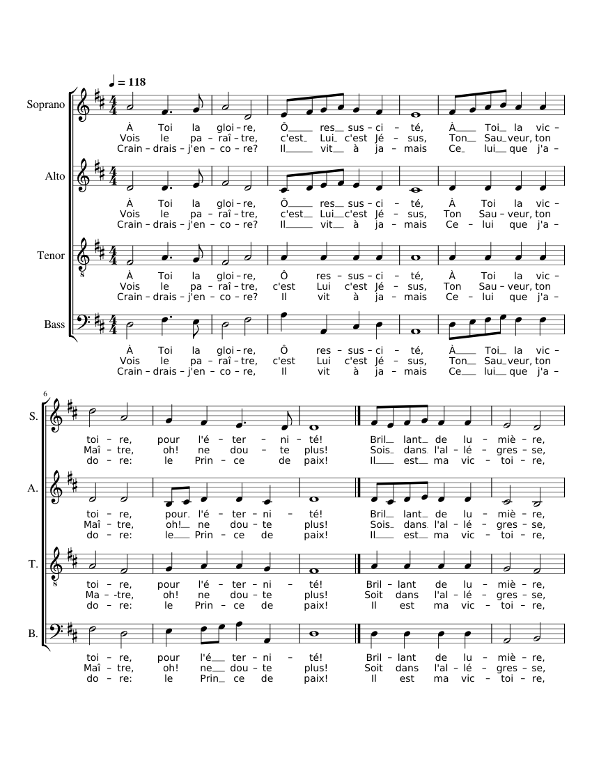 A toi la gloire Sheet music for Soprano, Alto, Tenor, Bass voice (SATB) | Musescore.com