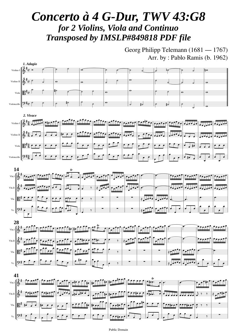 Telemann, G. P. _ Concerto à 4 G-Dur, TWV 43:G8 [2 Vln, Vla, Vc] Sheet ...