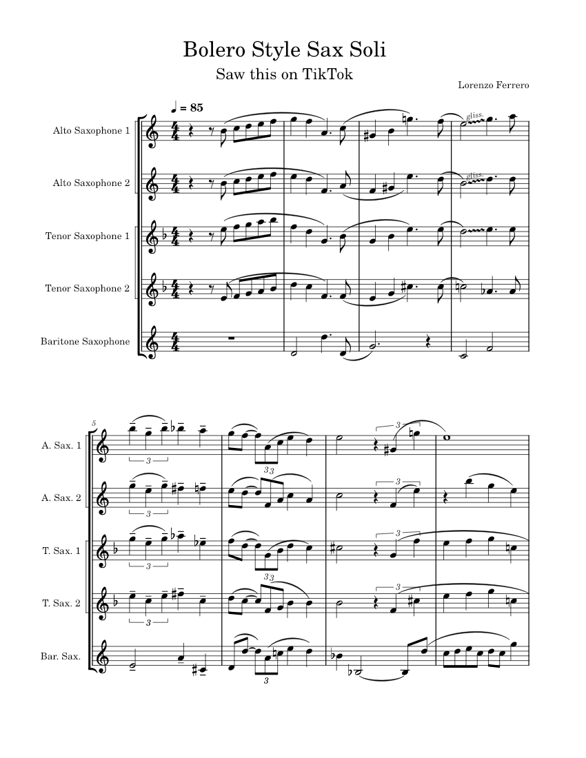 Bolero Style Sax Soli Sheet music for Saxophone alto, Saxophone tenor ...