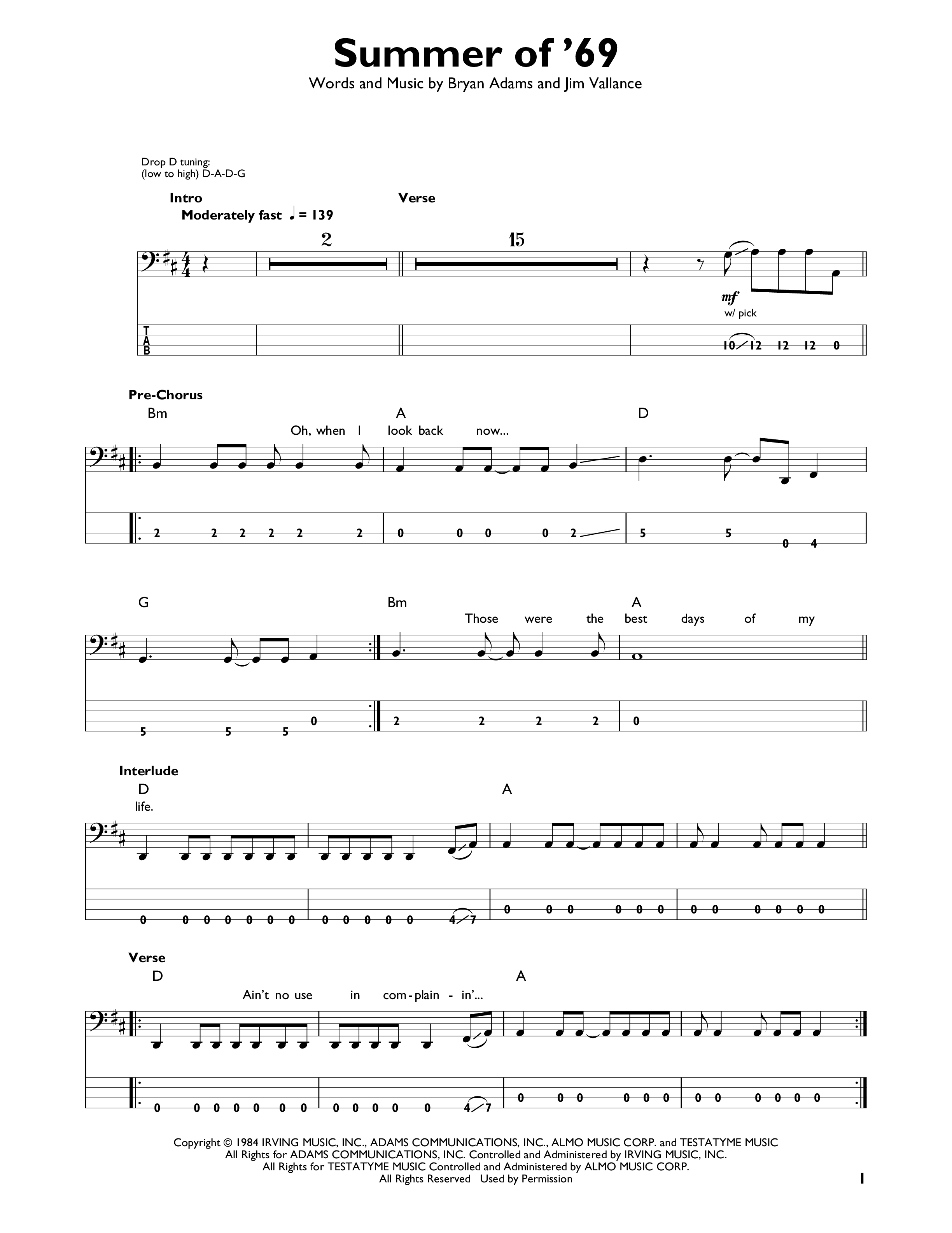 Play Official version of Summer of '69 Sheet Music by Bryan Adams for ...