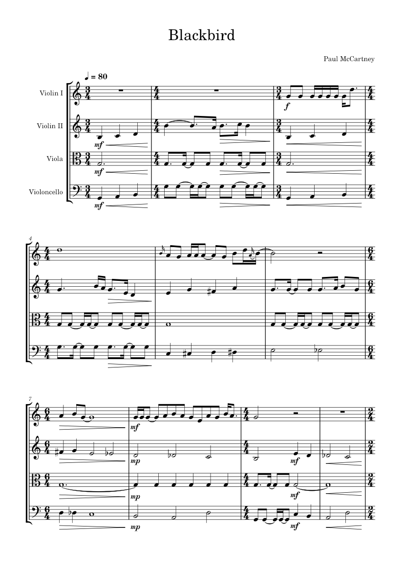 Blackbird – The Beatles Blackbird string quaretet Sheet Music for ...
