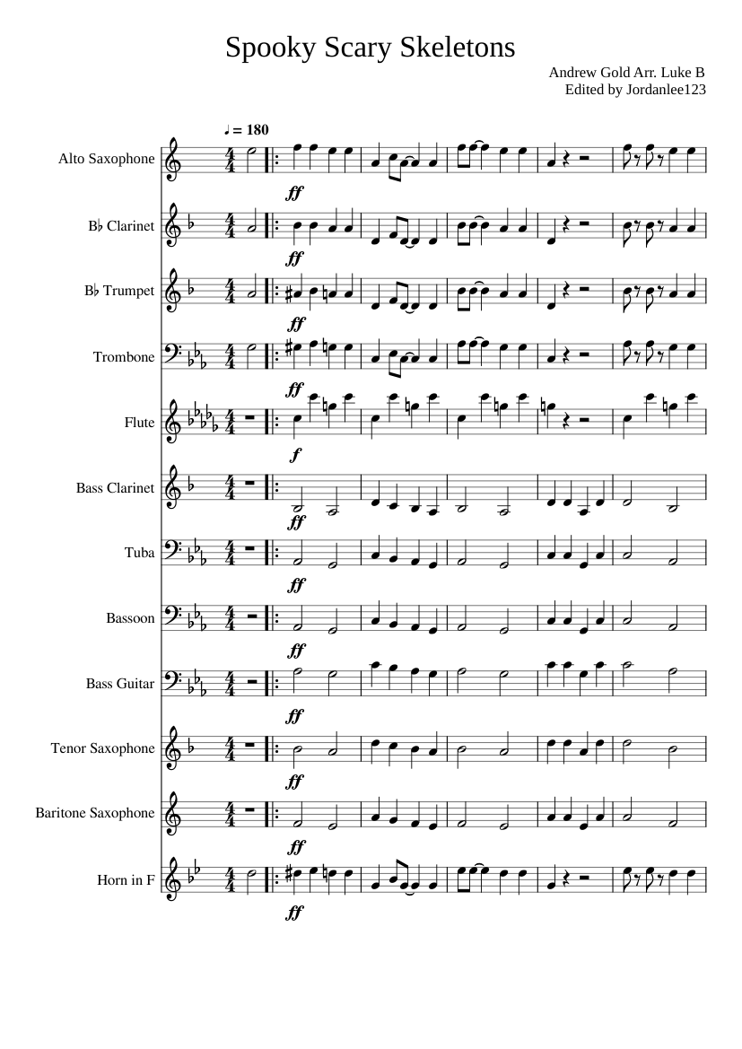 Spooky Scary Skeletons Sheet Music for Trombone, Tuba, Flute, Clarinet ...