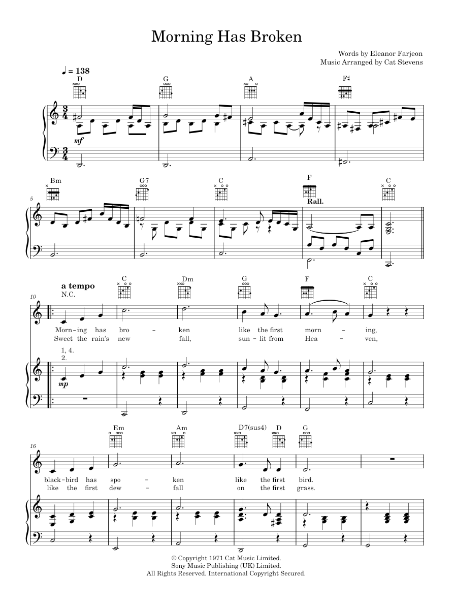 morning has broken Sheet music for Piano, Vocals by Cat Stevens ...