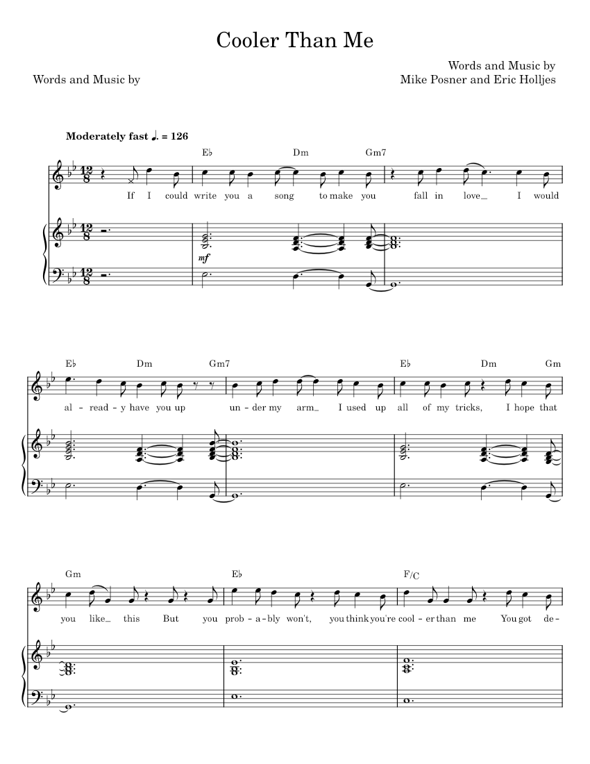 Cooler than me - Mike Posner Sheet Music with Chords for Piano ...