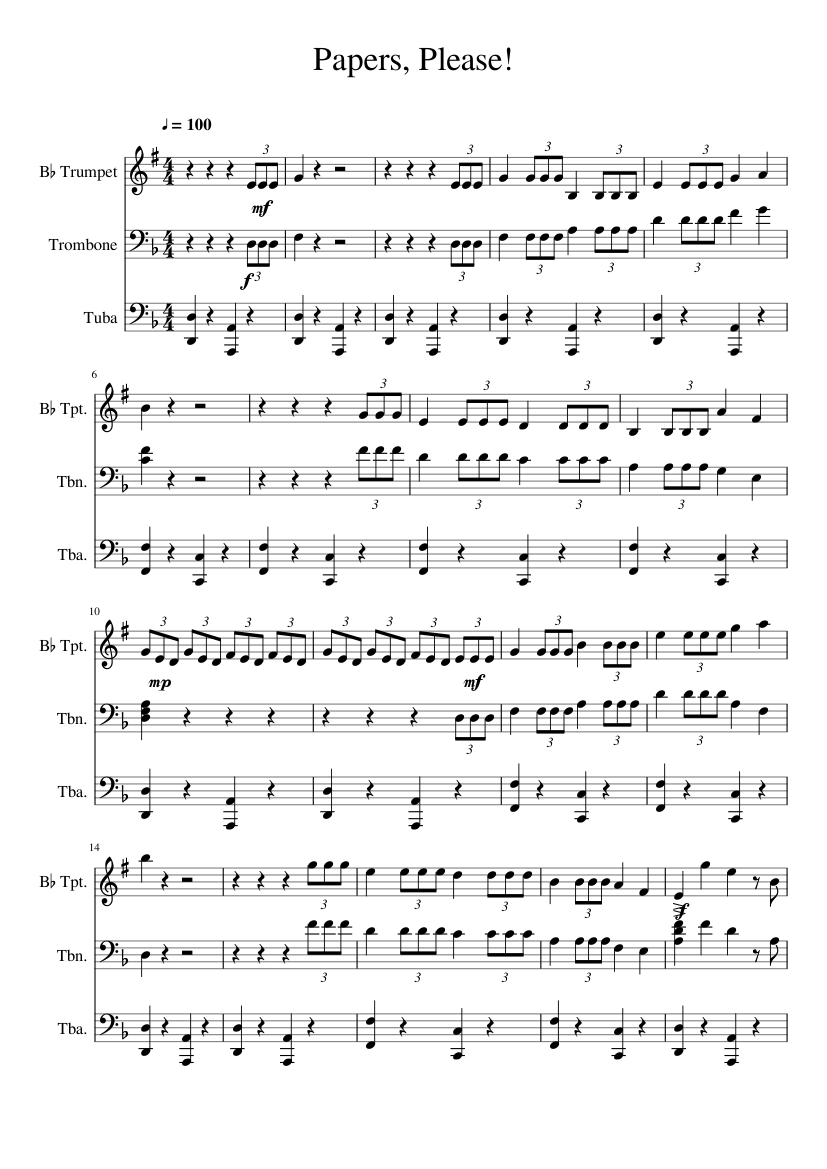 Papers, Please Sheet music for Trombone, Tuba, Trumpet in b-flat (Mixed ...