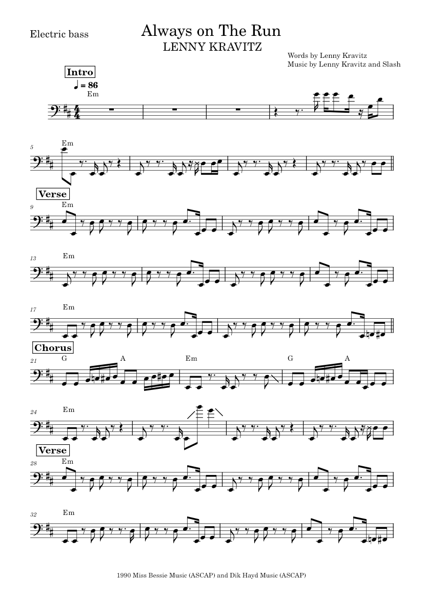 Always on The Run - Lenny Kravitz (Bass Guitar) Sheet music for Bass guitar (Solo) | Musescore.com