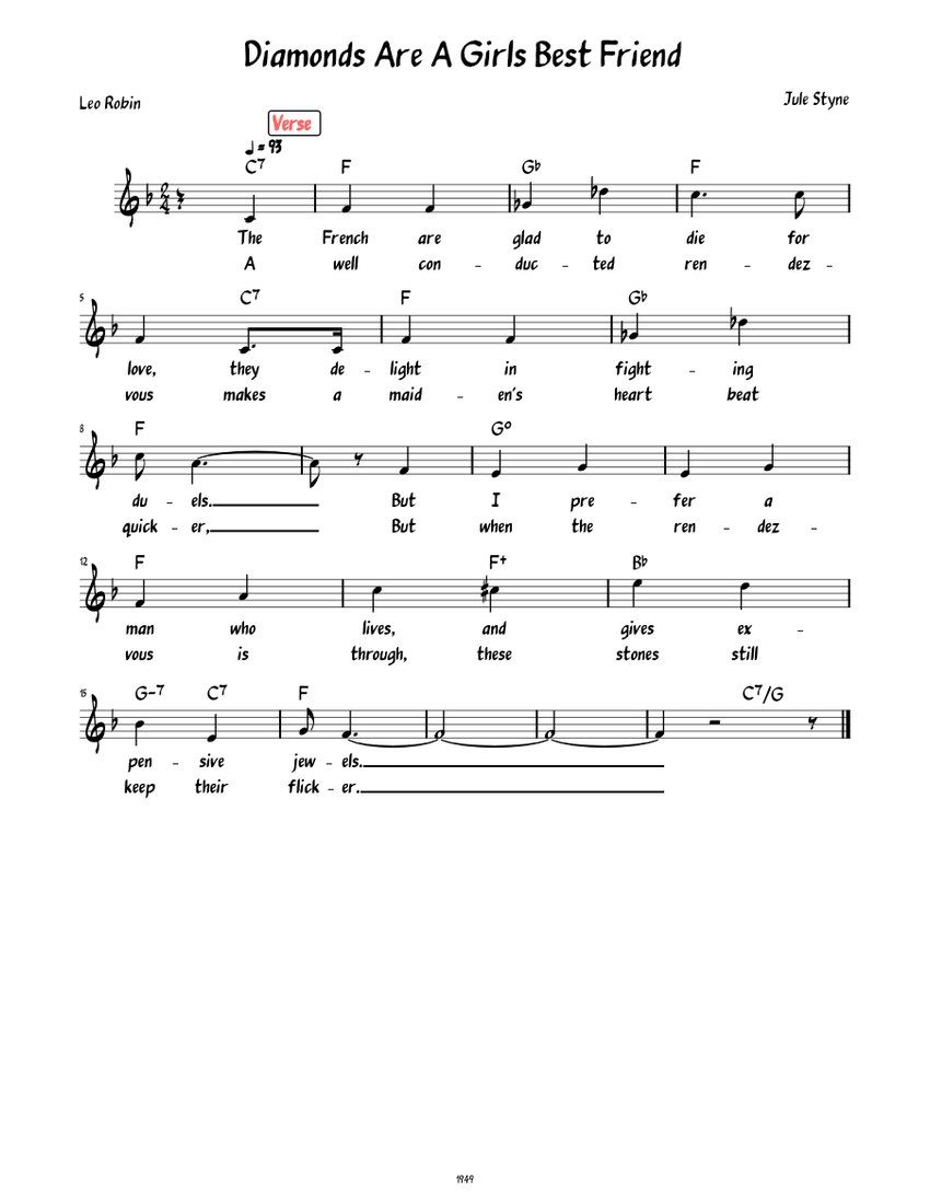 Diamonds Are A Girl's Best Friend (Lead sheet with lyrics and verse ...