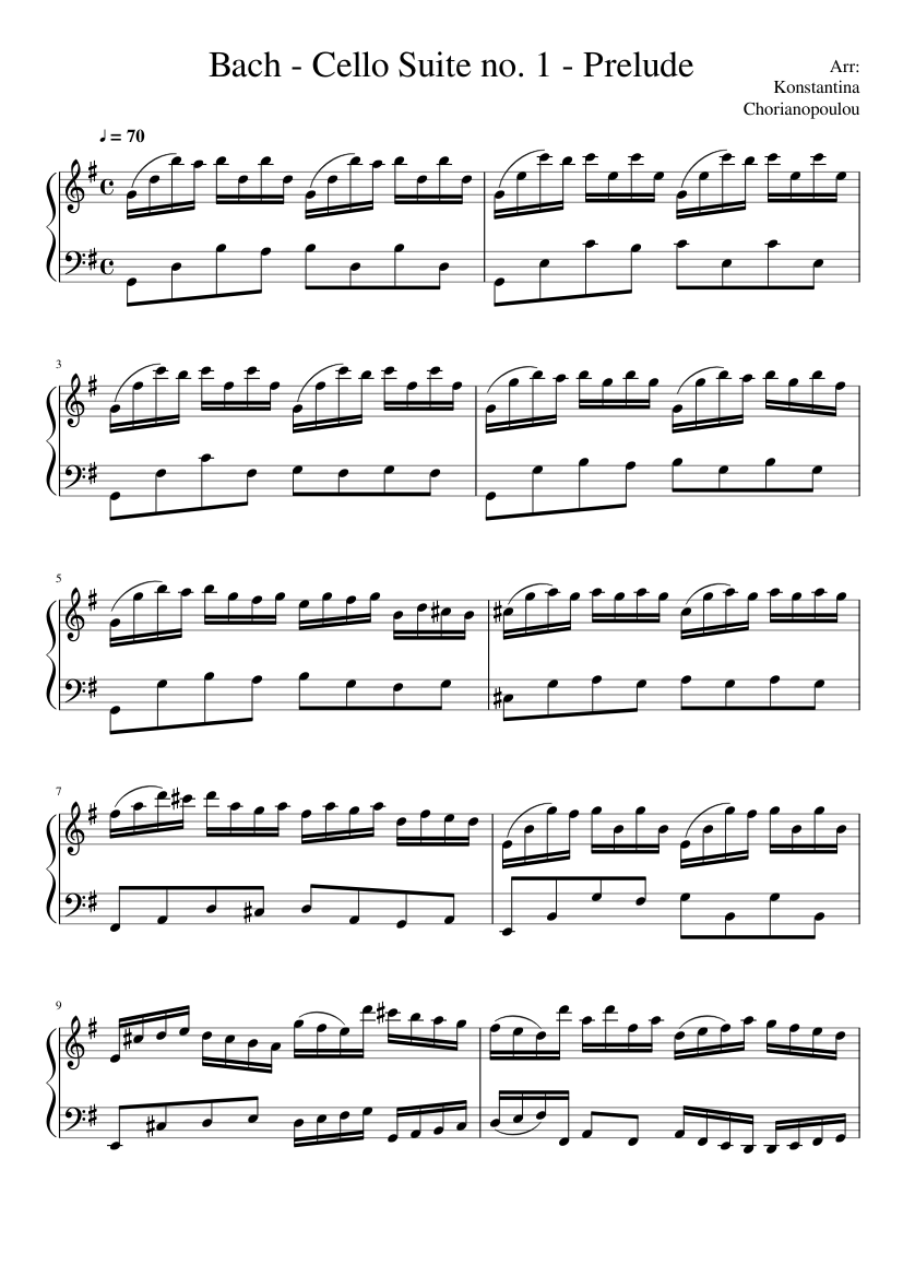 Bach Cello Suite no. 1 - Prelude - Piano Sheet Music for Piano (Solo) | MuseScore.com