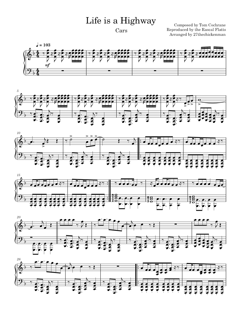 Life is a Highway - Cars Sheet Music for Piano (Solo) | MuseScore.com