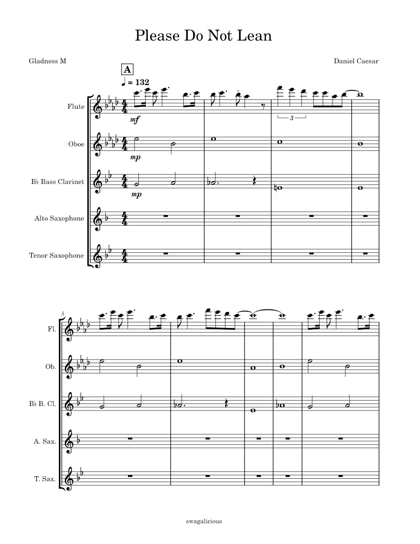 Please Do Not Lean – Daniel Caesar Sheet Music for Flute, Oboe ...