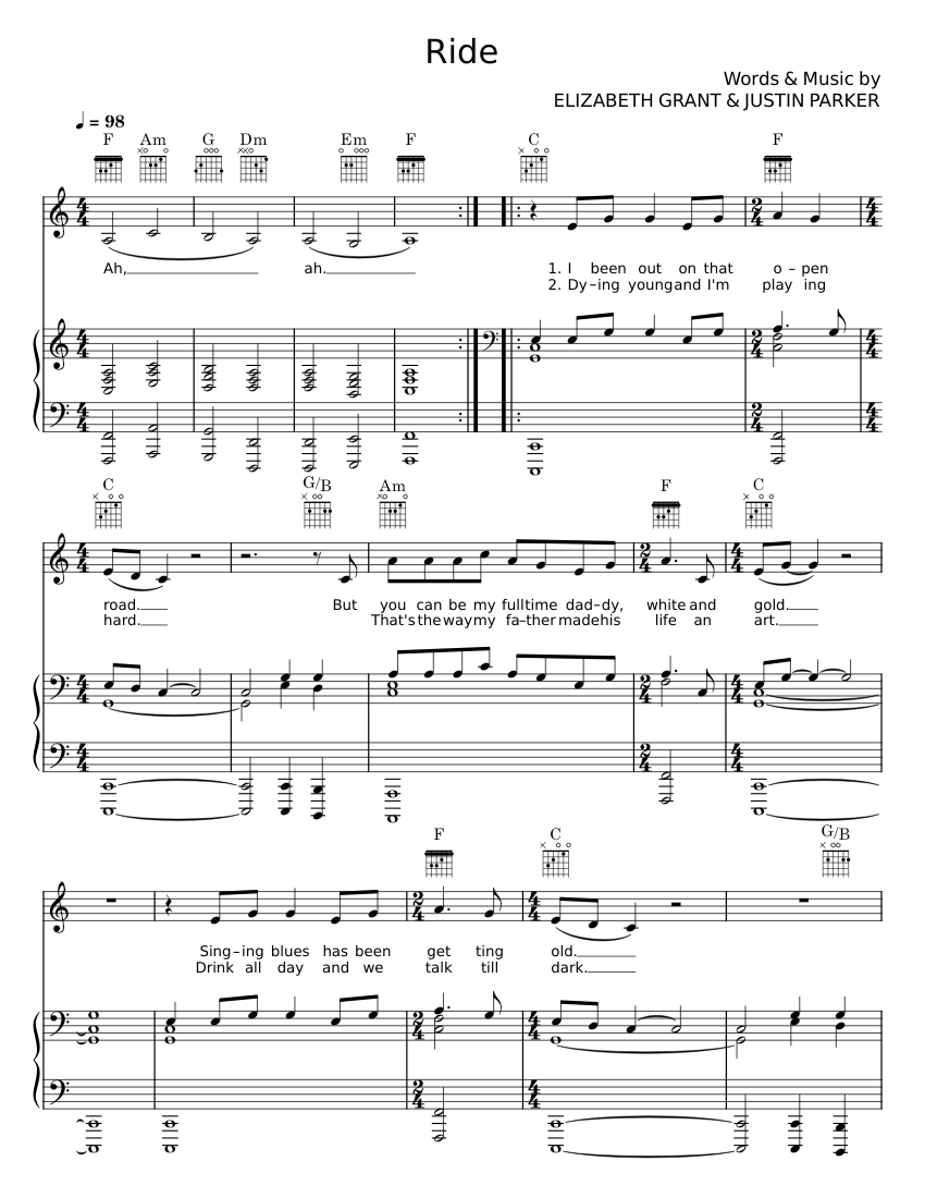 Ride - Lana Del Rey Sheet Music with Chords for Piano, Synthesizer ...