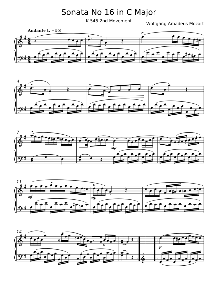 Piano Sonata No.16 in C major, K.545 - Wolfgang Amadeus Mozart Sheet music for Piano (Piano Duo ...