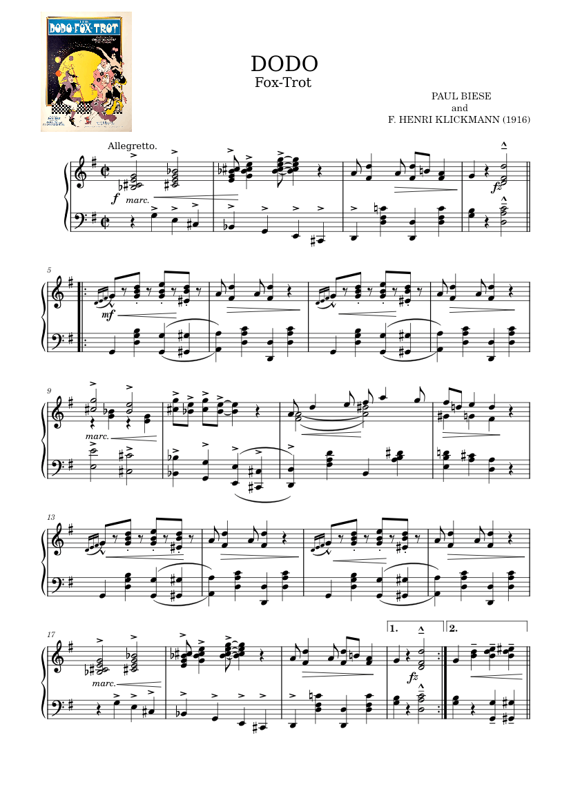 Dodo Fox Trot by Paul Biese & F. Henri Klickmann (1916) Sheet music for ...