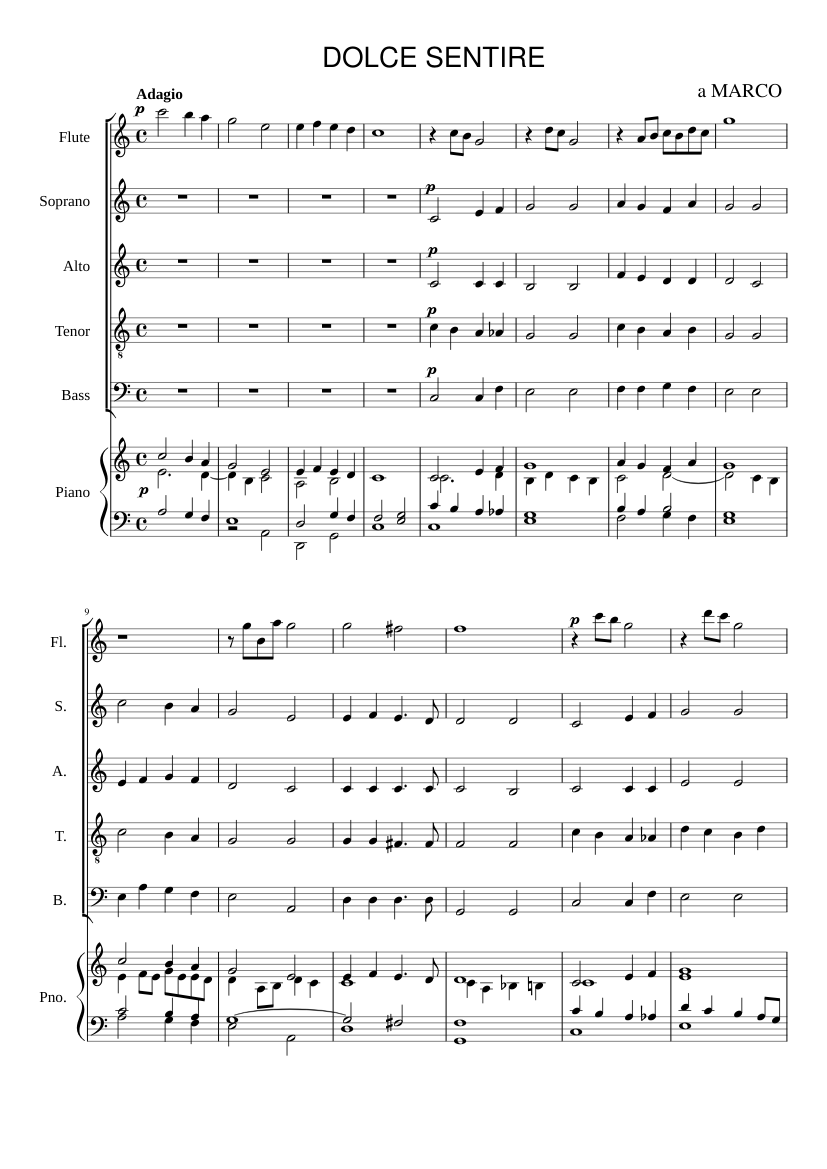 Dolce Sentire con Flauto Sheet Music for Piano, Flute, Bass guitar (Mixed Trio) | MuseScore.com