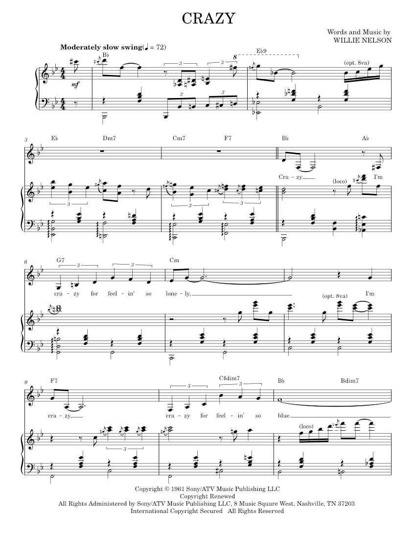 crazy Sheet music for Piano, Vocals by Patsy Cline Official | MuseScore.com